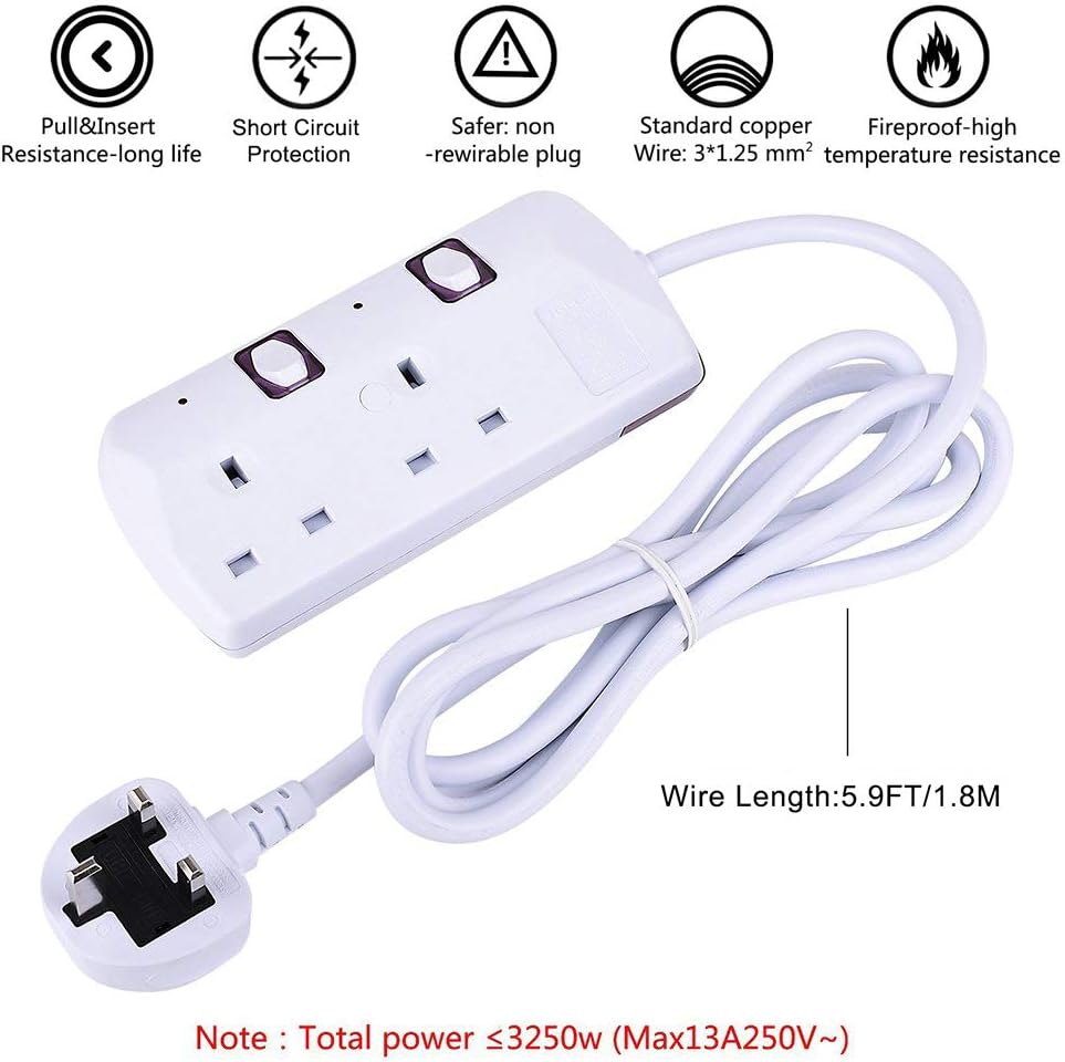 2 Way Outlets Extension Lead with Switches Portable Power Sockets ...