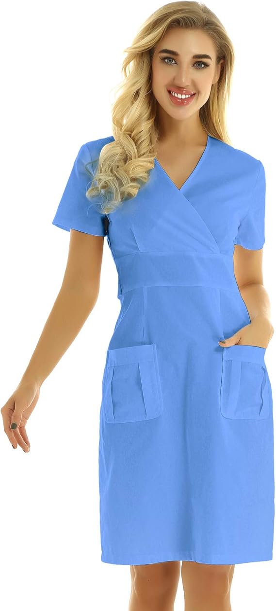 CHICTRY Bata Médico Profesional Mujer Vestido de Enfermera Laboratorio Uniformes Bata ...