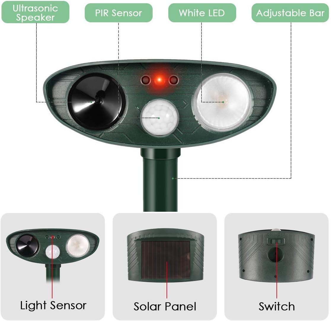 ASSCA Cat Repellent, Solar Waterproof Ultrasonic Animal Deterrent ...