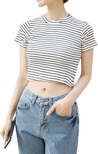 Short Midriff-baring Striped T-Shirt Top Short-sleeve Shirt at Amazon ...