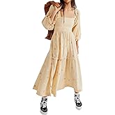 Amazon.com: Chloefairy Women's Flower Embroidered Maxi Dress Lantern Sleeve Square Neck Tiered ...