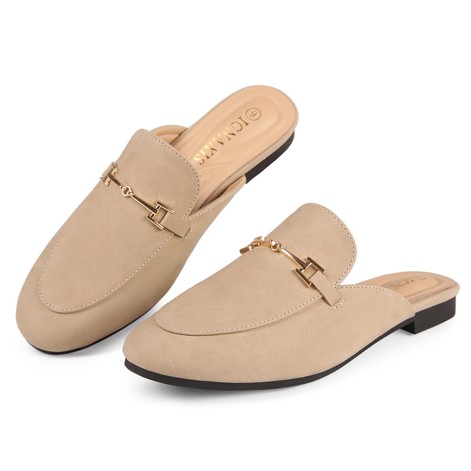 ignaxis Buckle Tan Mules for Women Round Toe Backless Flat Mules Slides ...