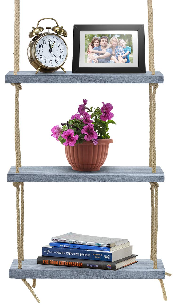 Sorbus Wood Hanging Shelf 3-Tier Rustic Wood Swing Storage Shelves Rope ...