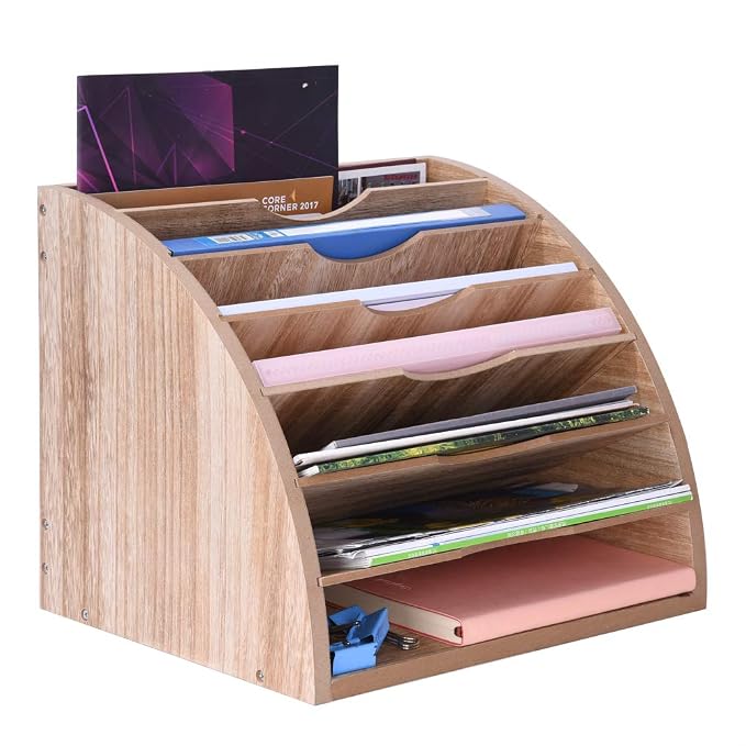 Wood File Organizer Desk Paper Sorter with 6 Adjustable Shelves Large ...