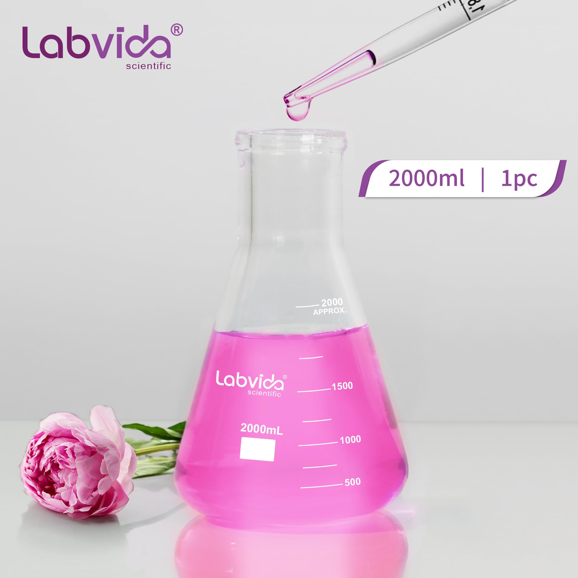Labvida Narrow Mouth Glass Erlenmeyer Flasks, Vol.2000ml, 3.3 ...