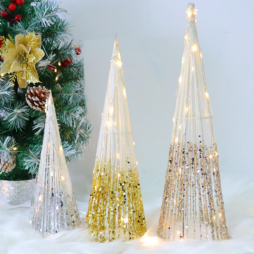 Set of 3 Cone Tree Christmas Decoration,Small Tabletop Prelit Lighted ...