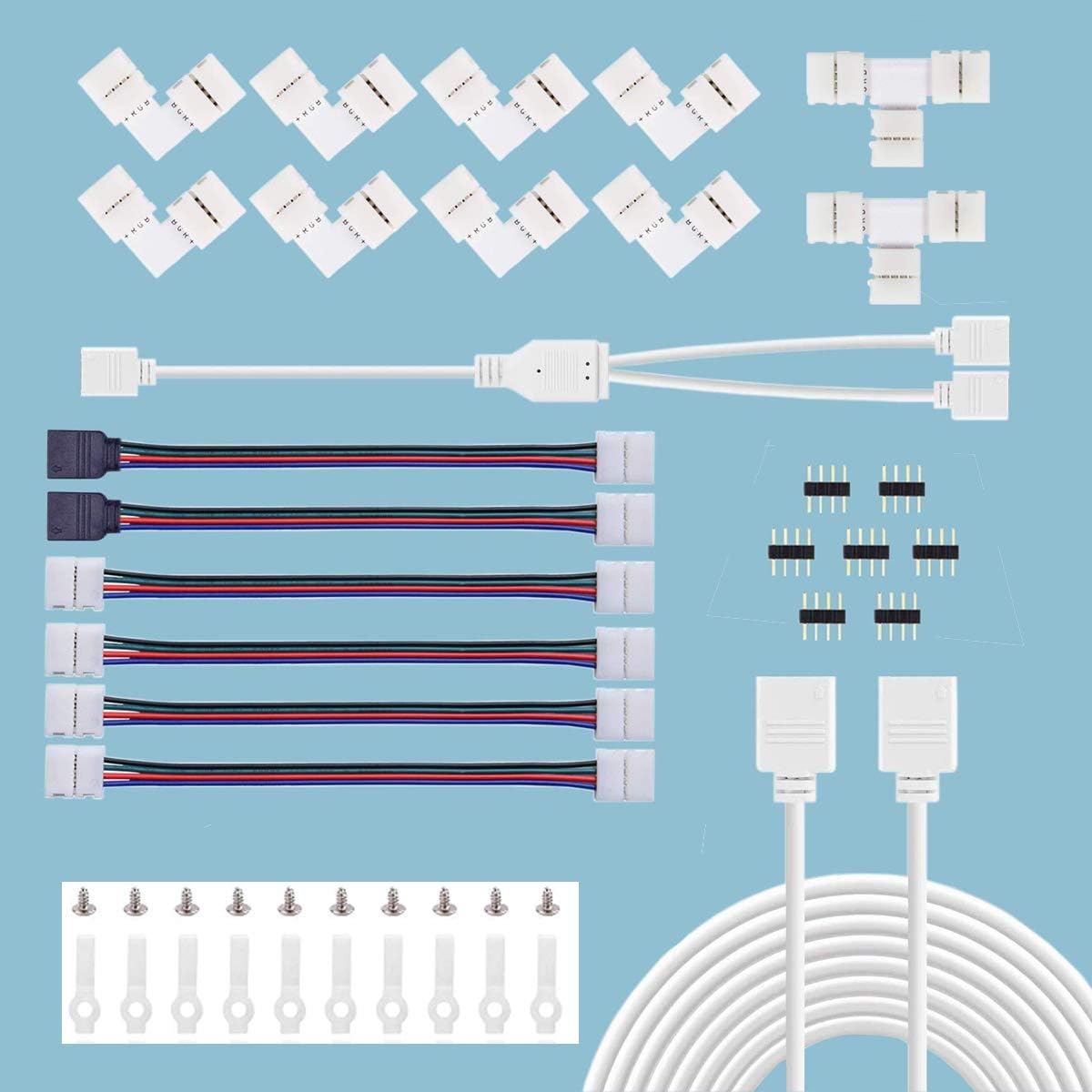 LED Light Connector Kit Including L Shape Connectors, Strip to Strip Jumpers LED 2 Way RGB ...