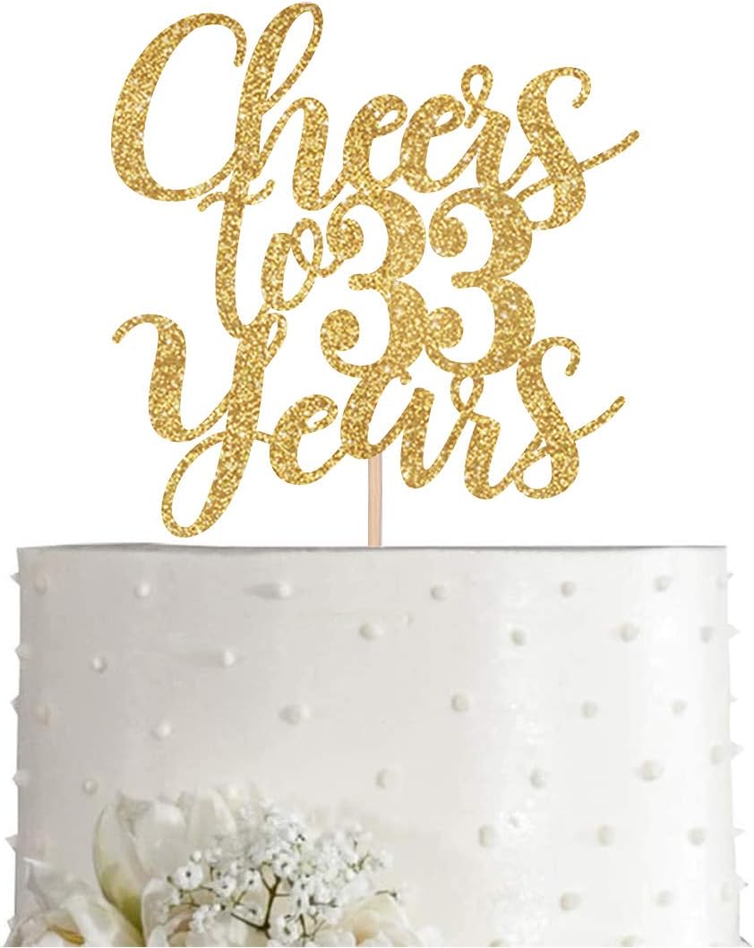 MAGJUCHE Gold Glitter Cheers to 33 years cake topper, Gold Happy 33rd ...