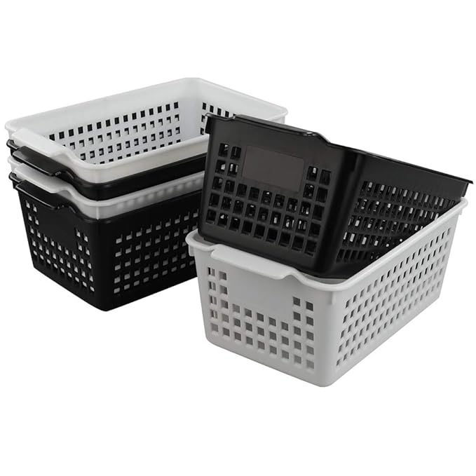 Hokky Small Plastic Storage Basket Set of 6, White Black Rectangular ...