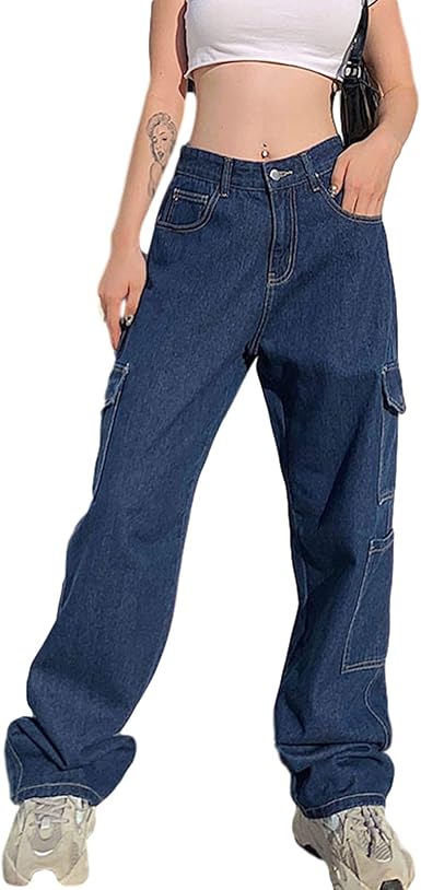Damen High Waist Baggy Hose Outfit Weite Beine Jeans Y2K Cargo Hose damen-high-waist-baggy-hose-outfit-weite-beine-jeans-y2k-cargo-hose