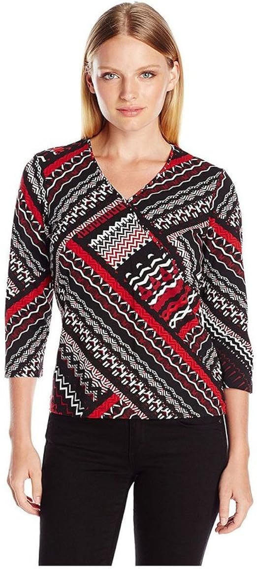Ruby Rd. Women's Embellished Mock-Surplice Zig Zag Patchwork Print Knit ...