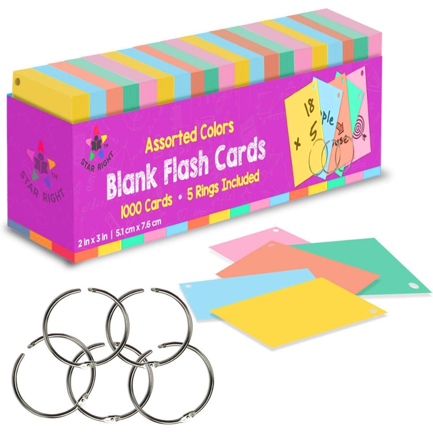 Mua Assorted Colored Blank Flash Cards - Note Cards with Rings - 2"x3 ...
