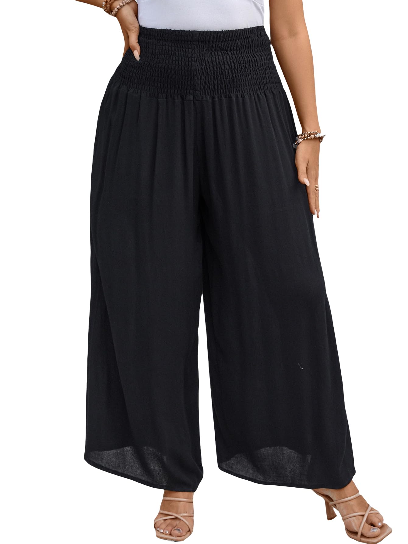 MakeMeChic Women's Plus Size Casual Shirred High Waist Wide Leg Pants ...