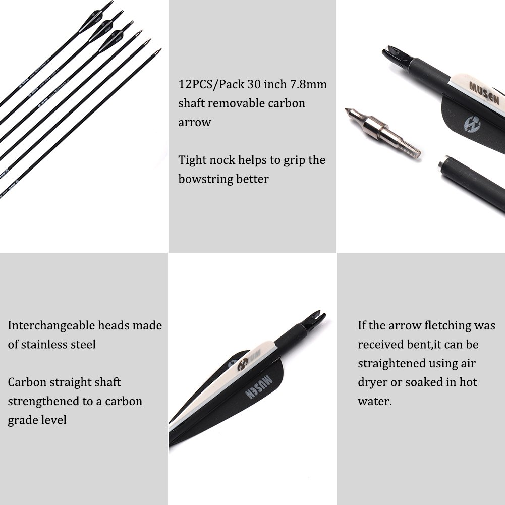Musen 30 inch Archery Carbon Arrow,12PCS/Pack Shaft Removable Field ...