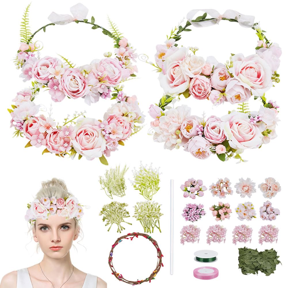 ORIGACH 94 Pcs DIY Pink Flower Crown Kit Flower Crown Making Kit Make ...