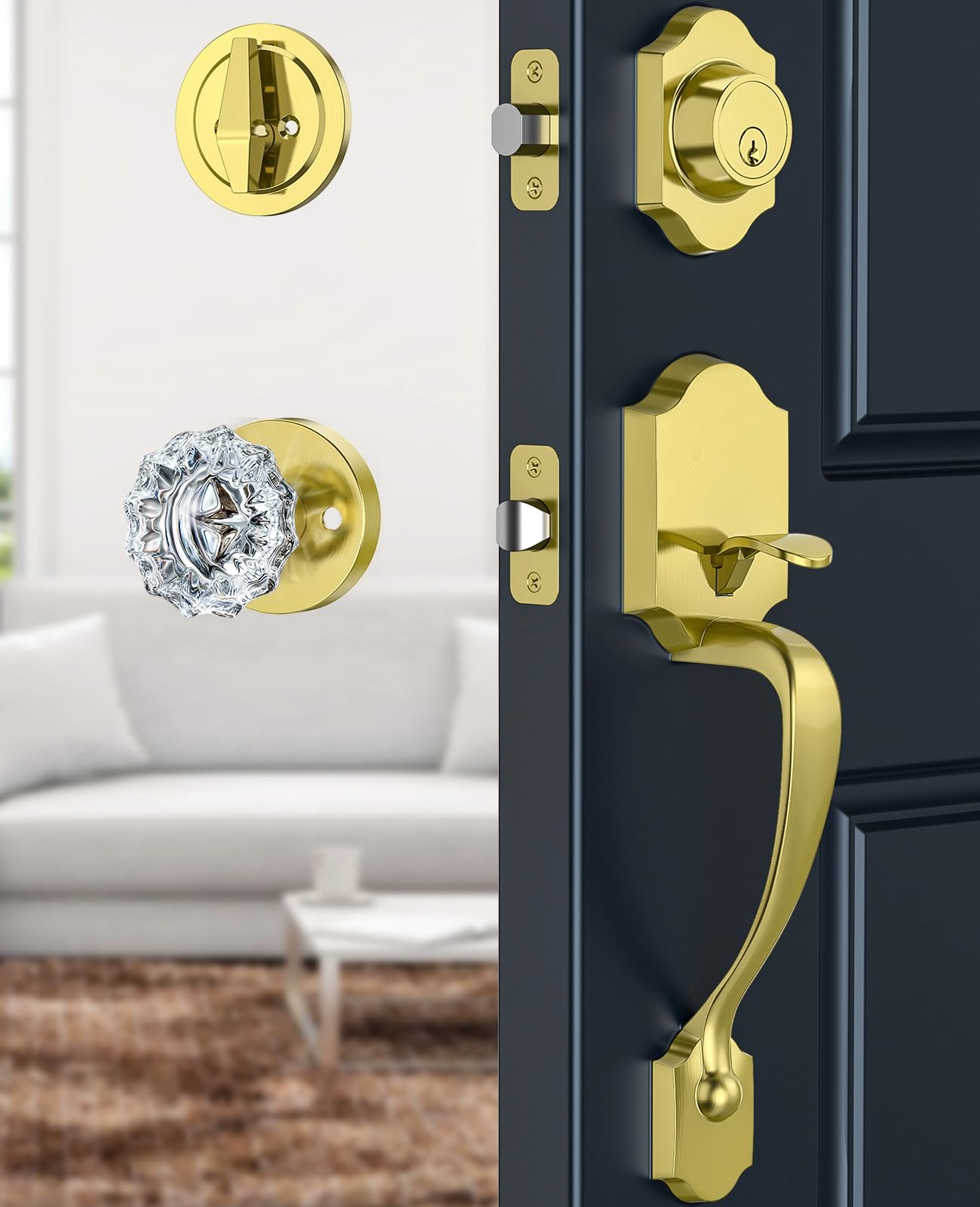 Calzibeno Satin Brass Front Door Handle and Deadbolt Set, Front Door ...