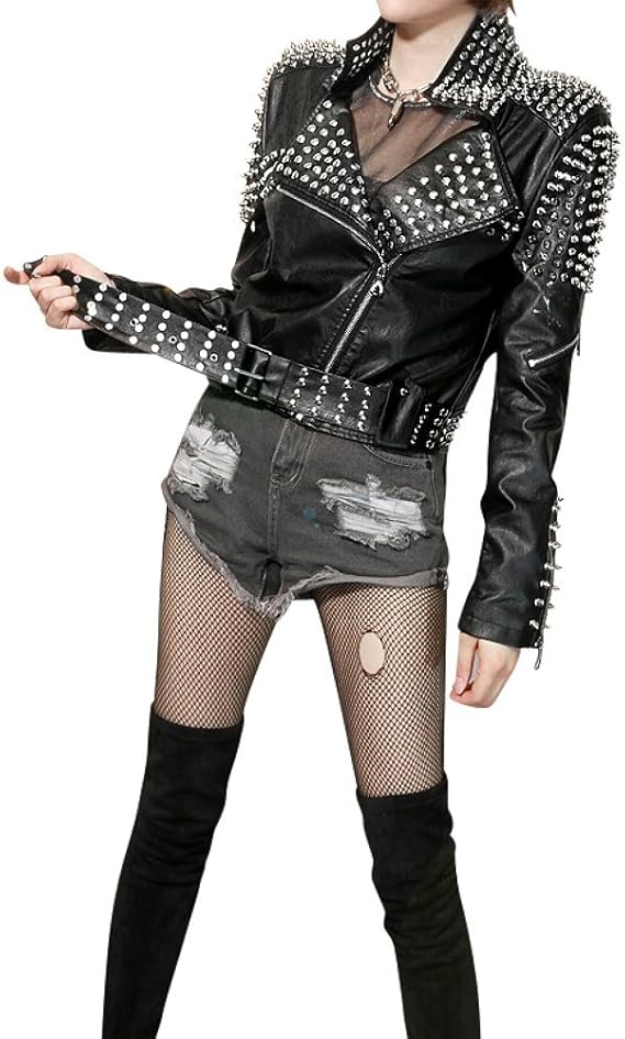 Amazon.com: Punk Rock Star Studded Fitted Faux Leather Woman Jacket ...
