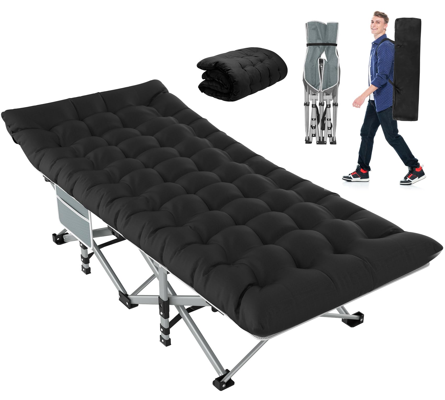 Slendor Folding Camping Cot with Mattress Black,Max Load 800lbs Cots ...