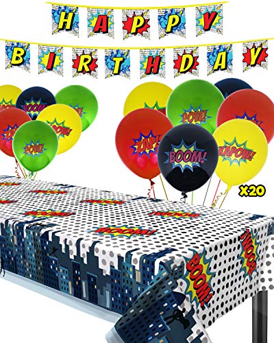 Superhero Party Supplies Kit with Superhero Tablecloth, - Want It All