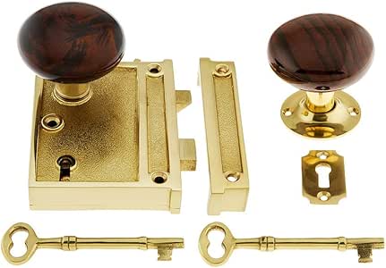 Polished Brass Vertical Rim Lock Set With Swirl Brown Porcelain Door ...