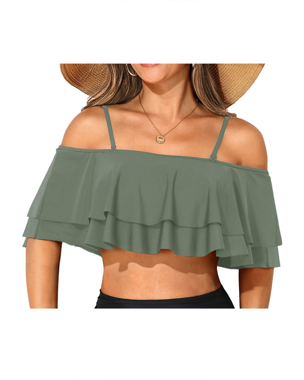 Women Ruffle Bikini Top Olive Green Double Layer Flounce Swim Top Off ...