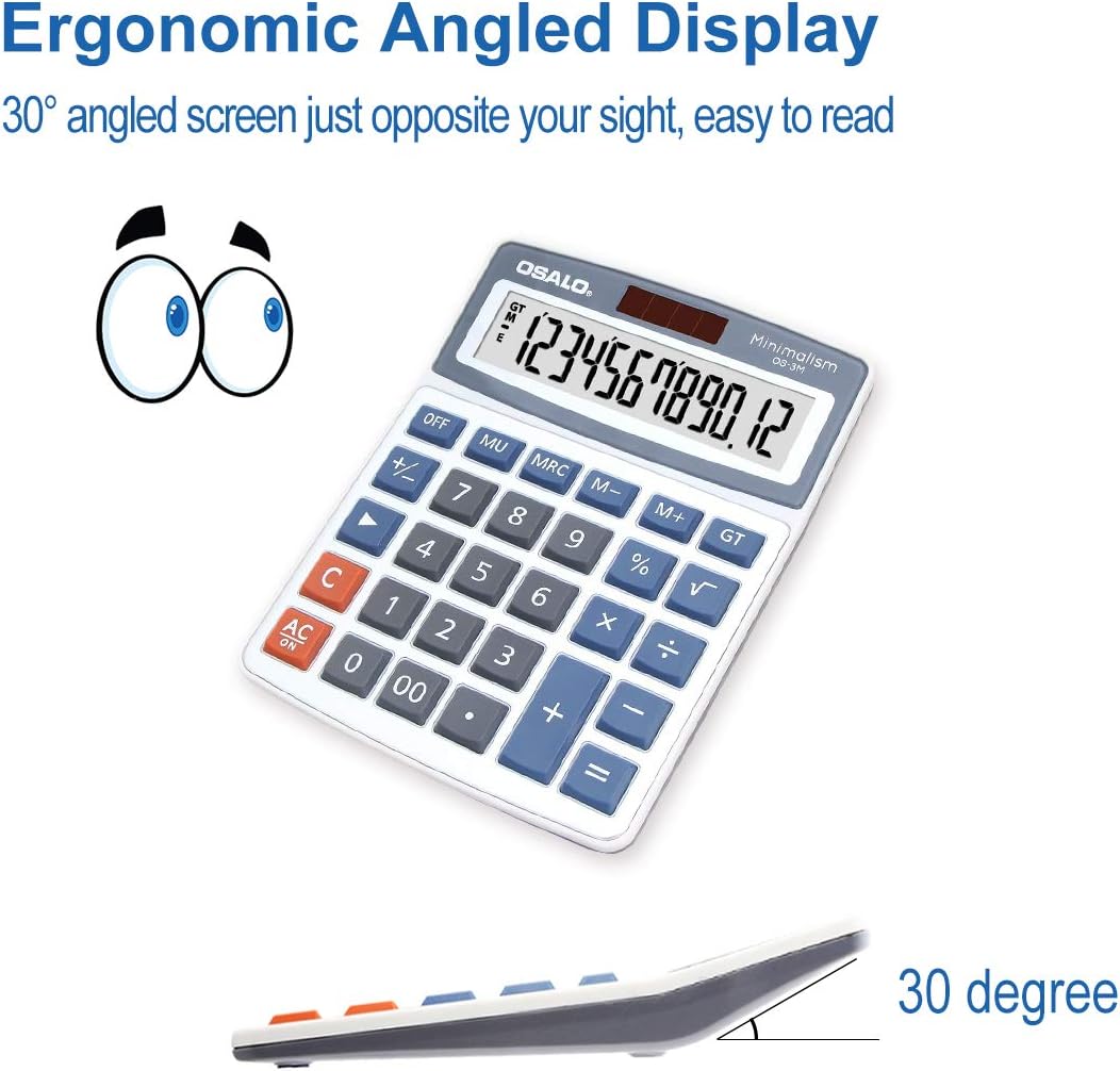 12 Digit Extra Large Display Solar Electronic Desktop Calculator (OS-3M ...