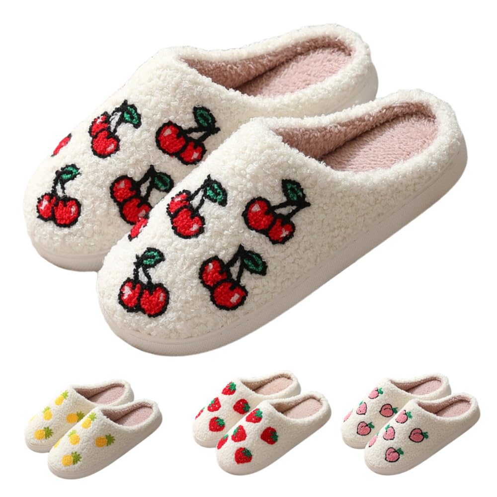 Abubbi Fuzzy Cute Fruit Slippers for Women with Thick and Soft Plush ...