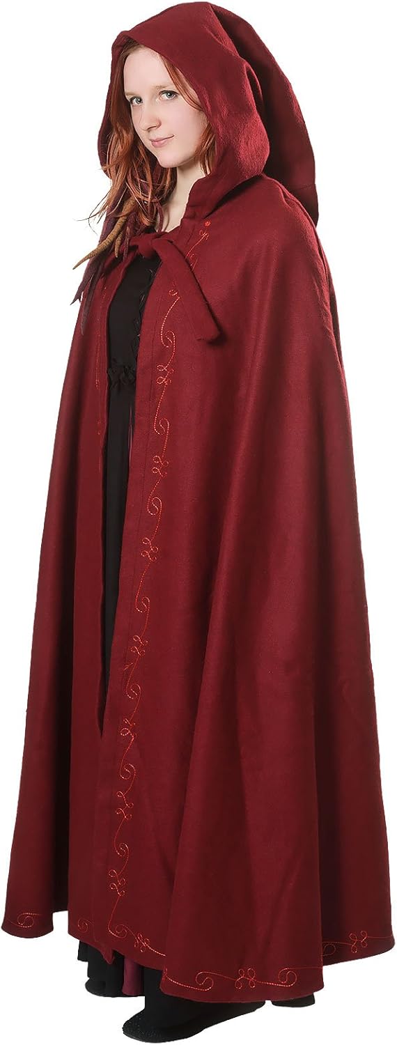 Medieval Cloak Women with Hood and Embroidery Wool Red – BigaMart
