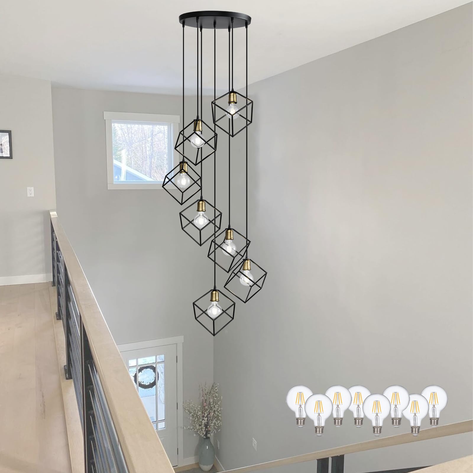 vivihobb Modern Large Foyer Chandelier,7-Light Black Metal Cage,118 ...