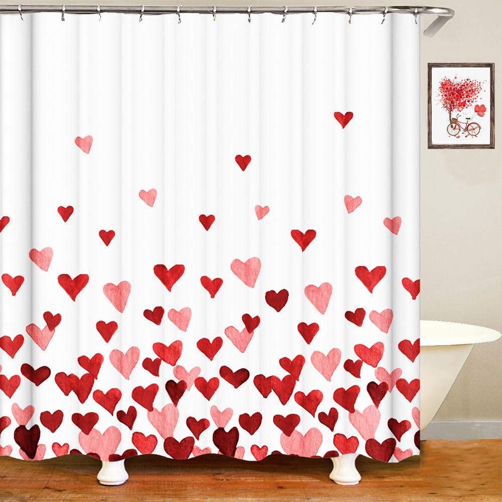 LIXBDHN Valentines Day Shower Curtain Falling Red Love Hearts Shower ...