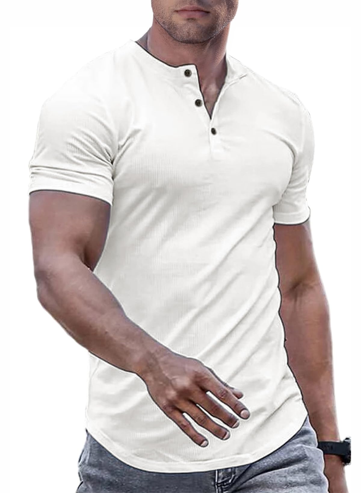 JMIERR Mens Muscle Slim Fit Button Henley Shirts Summer Crewneck Short ...