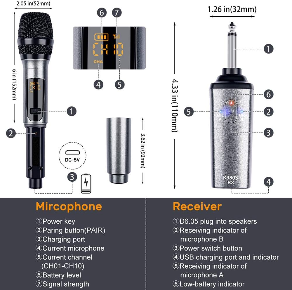 2.4GHz Rechargeable Wireless Microphone,LEKATO Dual Wireless ...