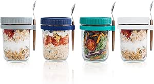 Amazon.com: SMARCH Overnight Oats Jars with Lid and Spoon Set of 4, 10 oz Airtight Oatmeal ...