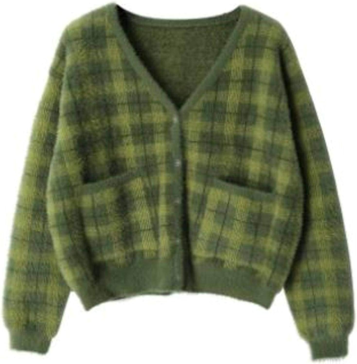 Buy Y2k Button Plaid Mink Knit Cardigan Retro Sweater V-Neck Female ...