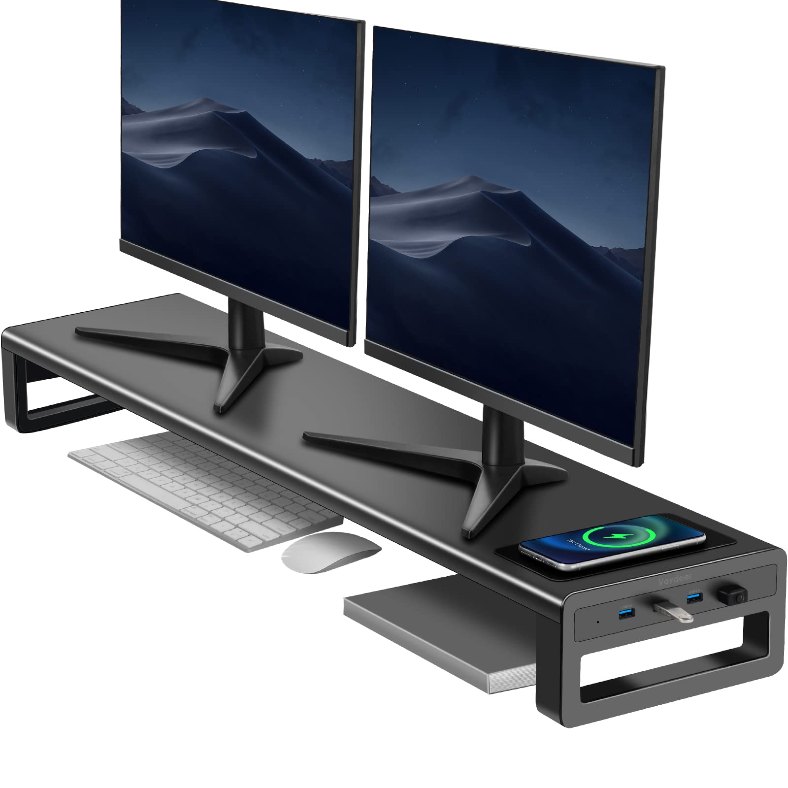 Vaydeer Dual Monitor Stand, Double Monitor Riser with Wireless Charger ...