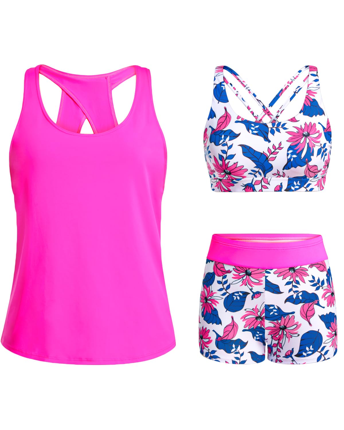 Tempt Me Hot Pink Floral 3 Piece Tankini Swimsuits for Women Athletic ...