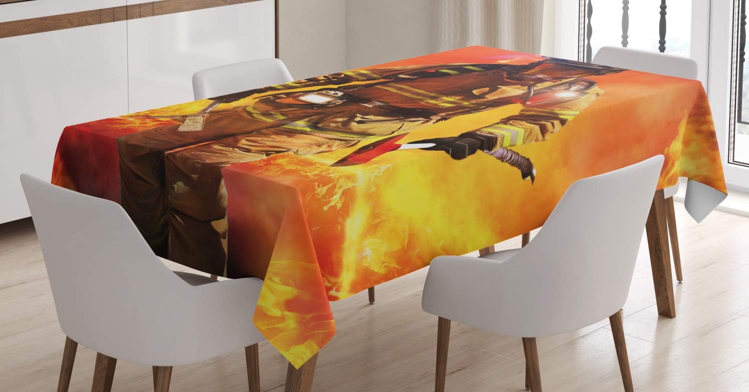 Amazon.com: Lunarable Fireman Tablecloth, Firefighter in a Building on ...