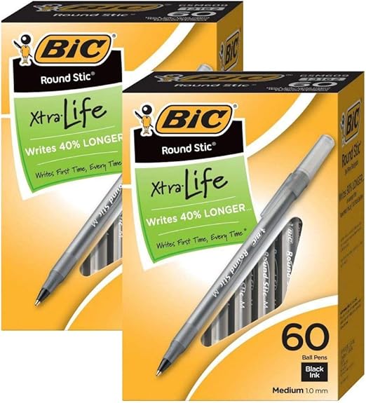 Amazon.com : BIC Round Stic Xtra Life Ballpoint Pen, Medium Point (1.0mm), Black, 60-Count (2 ...