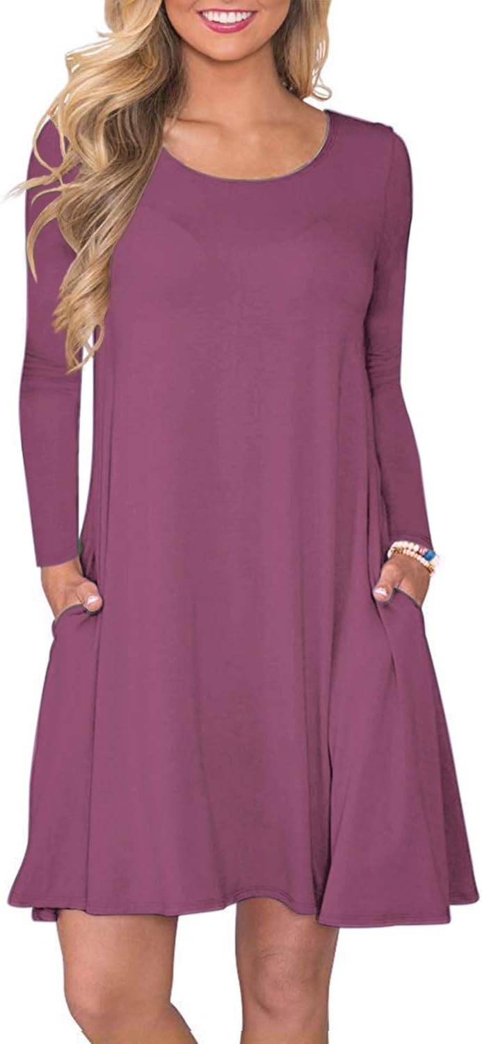 WNEEDU Women's Long Sleeve Loose Plain Dresses Casual Short Dress with ...