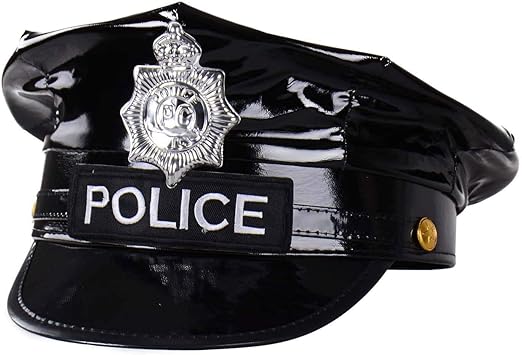 Amazon.co.jp: Police Hat Enamel Leather Style Police Hat Black Police ...