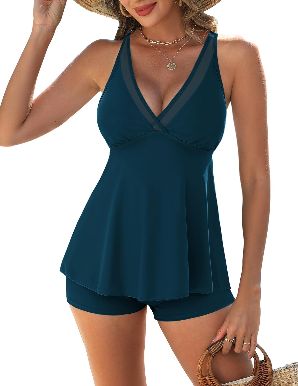 Kate Kasin Teal Tankini Swimsuits for Women Tummy Control Mesh Sheer ...