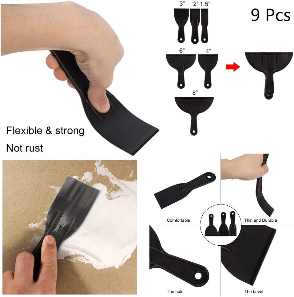 9 Pieces Black Paint Scrapers Tool Kit Plastic 6 Sizes Putty Knife Set ...