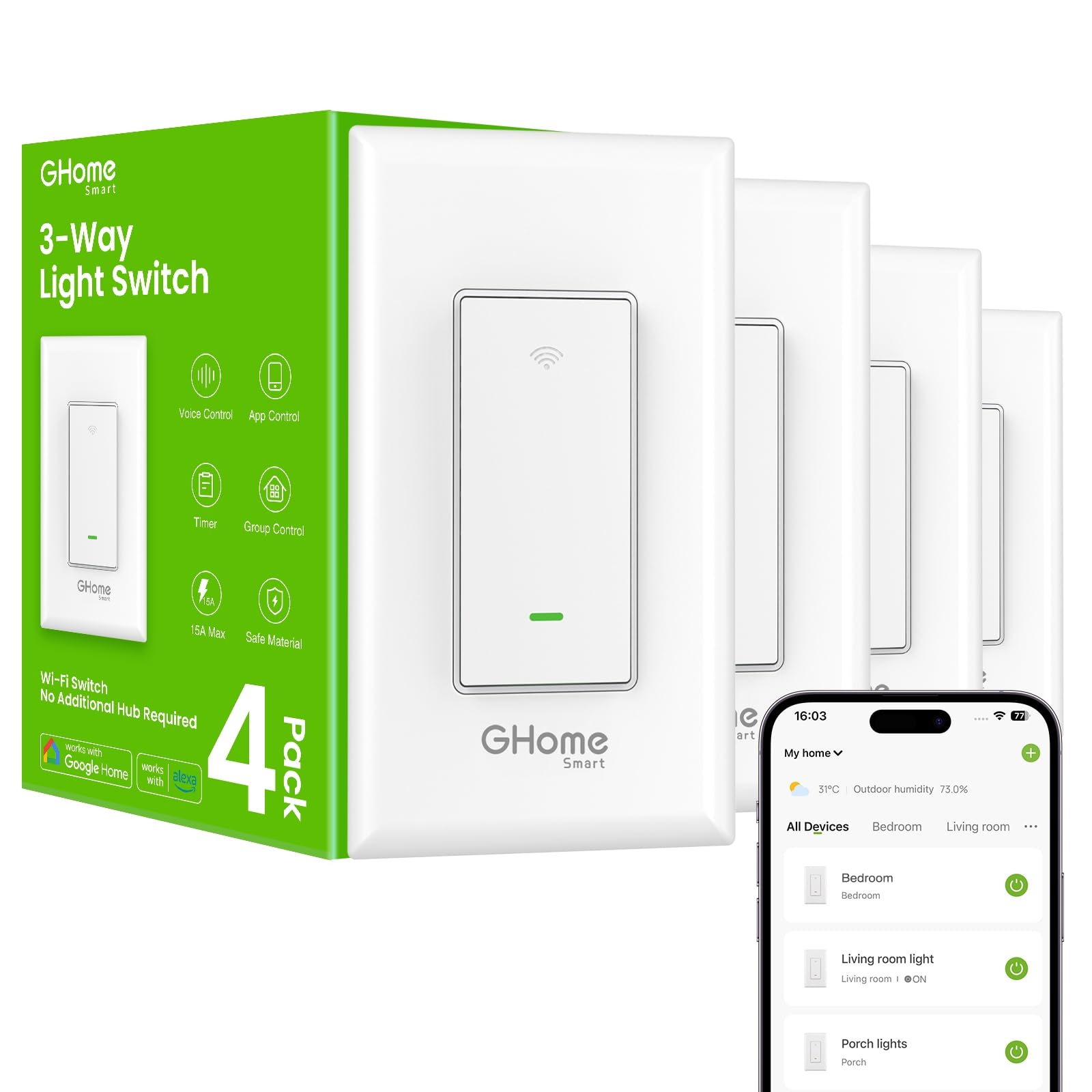GHome Smart Switch, 3 Way Wi-Fi Light Switch Compatible with Alexa and ...