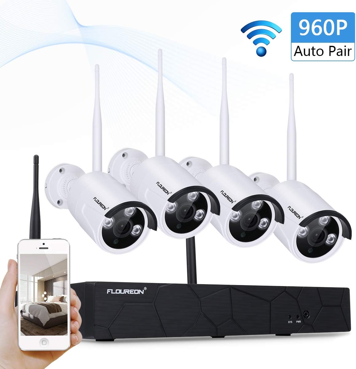 FLOUREON Wireless CCTV Security Camera System, 4CH 1080P NVR + 4Pcs ...