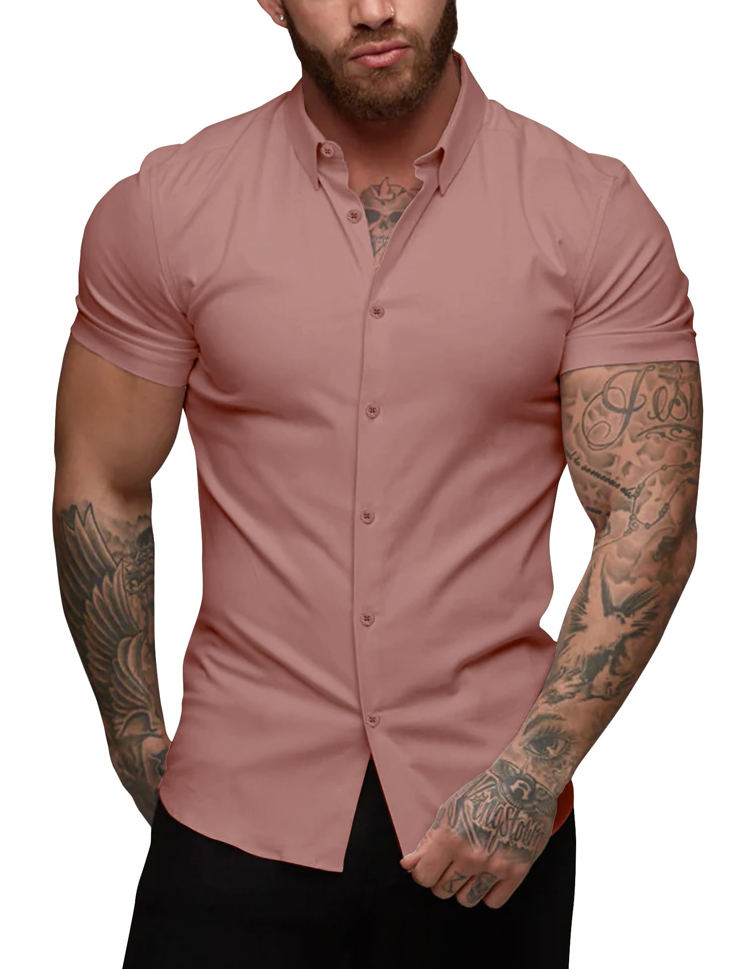 URRU Men's Muscle Dress Shirts Slim Fit Stretch Short Sleeve Casual ...