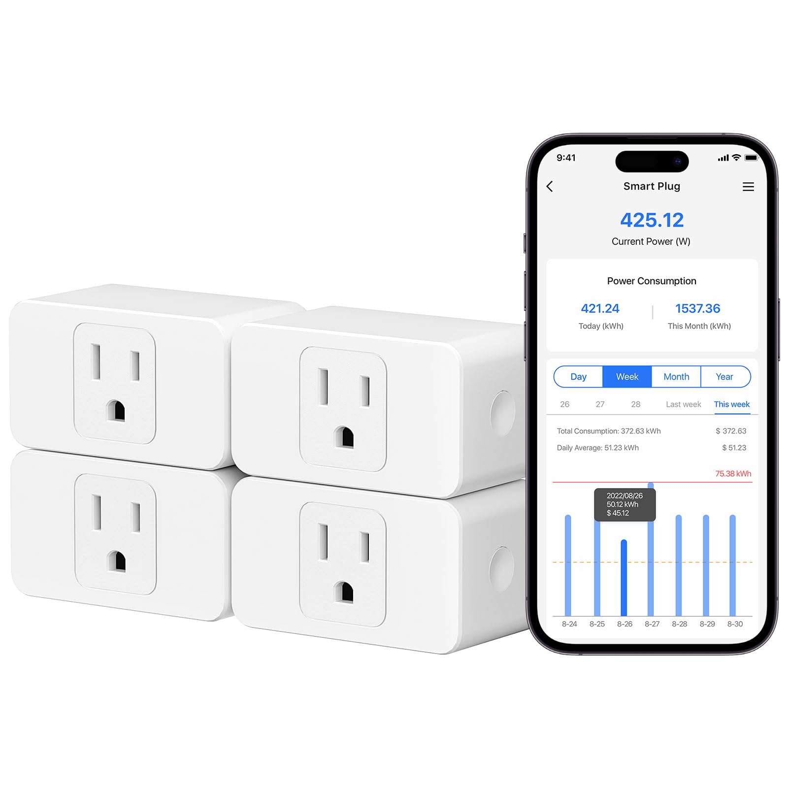 Refoss Smart Plug with Energy Monitoring, 15A Max WiFi Outlet Socket ...