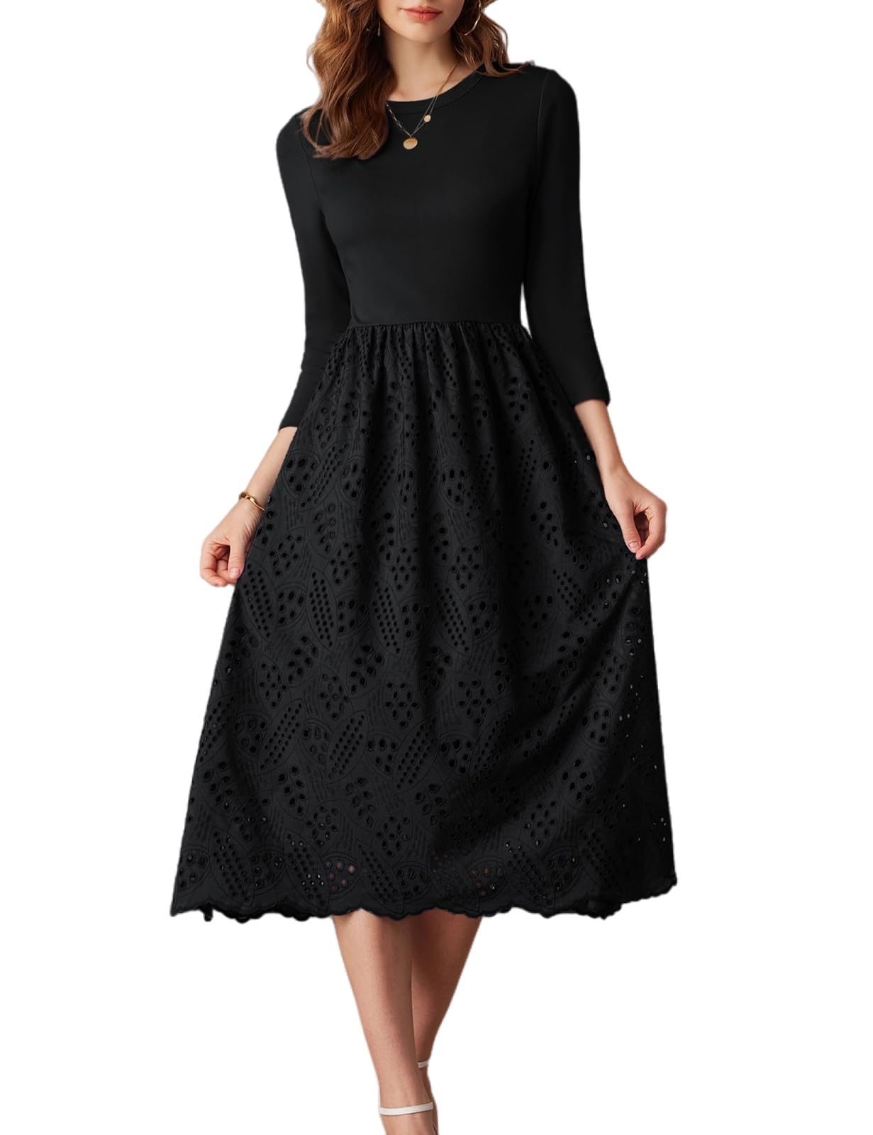 GRACE KARIN Dresses for Women Eyelet 3/4 Sleeve Dress Black Summer ...