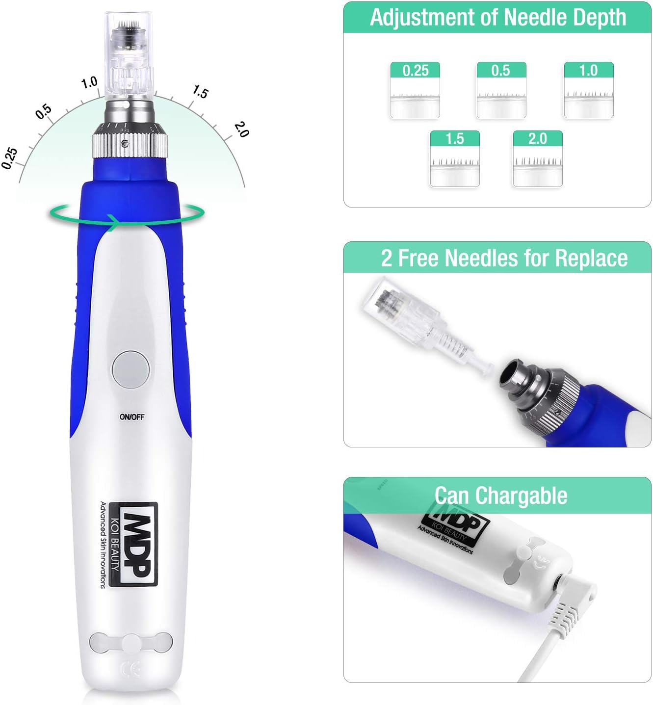Koi Beauty Dermapen 0.25-2.0mm Adjustable, Derma pen Electric with 2 ...