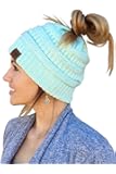 C.C BeanieTail Soft Stretch Cable Knit Messy High Bun Ponytail Beanie Hat, 3 Tone Coral at ...