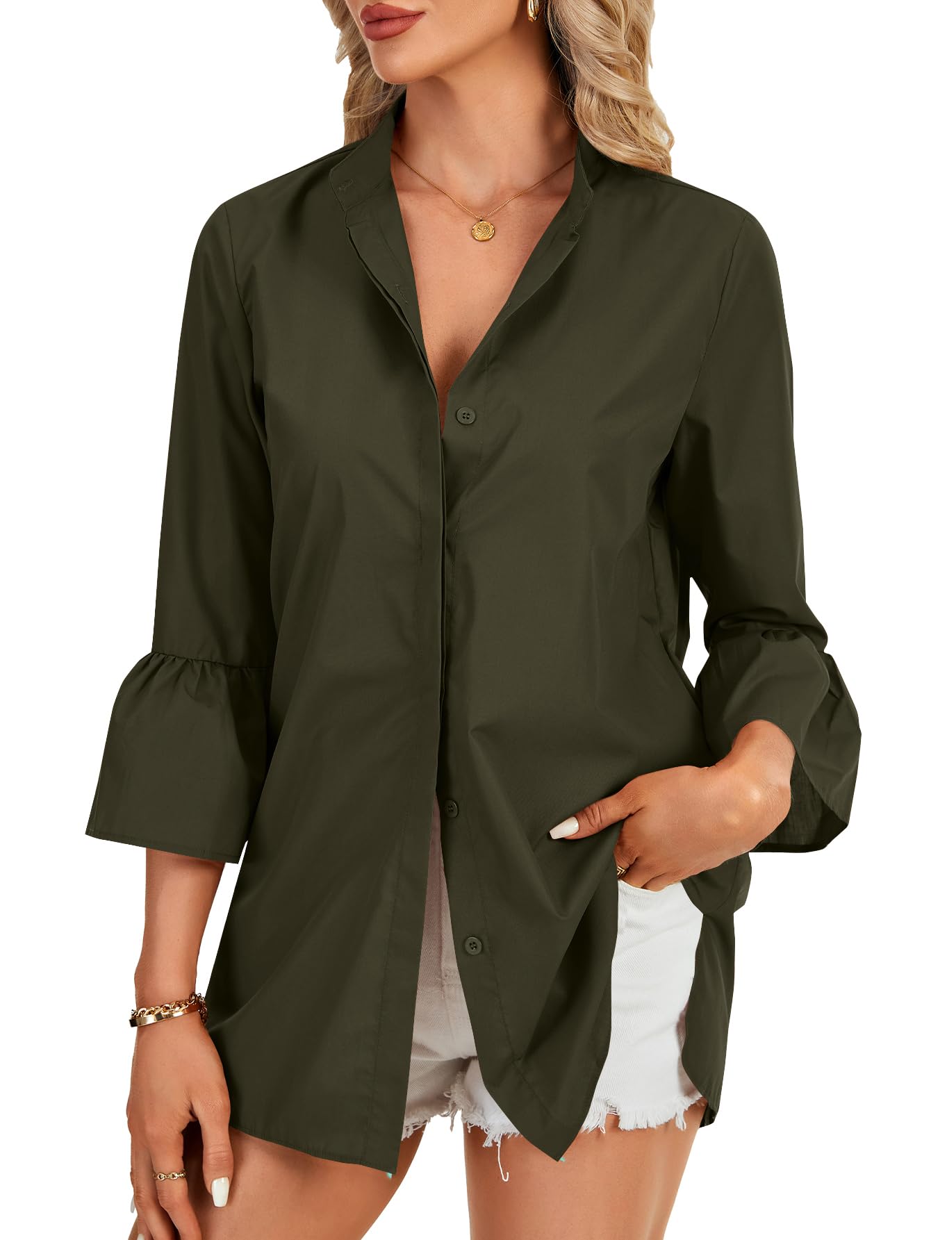 LYANER Women's Flare Long Sleeve Stand Collar Button Down Blouse Shirt Top Solid Army Green ...